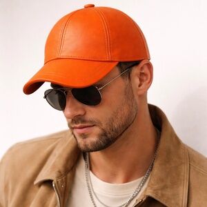 Lukkiu | Accessories | Orange Leather Baseball Cap Real Lambskin ...